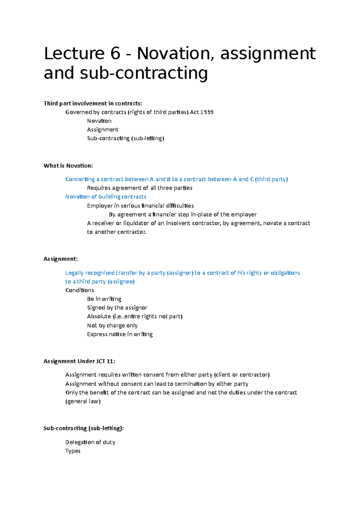 Week 4 - Novation, Assingment & Sub-contracting - Lecture 6 - Novation ...