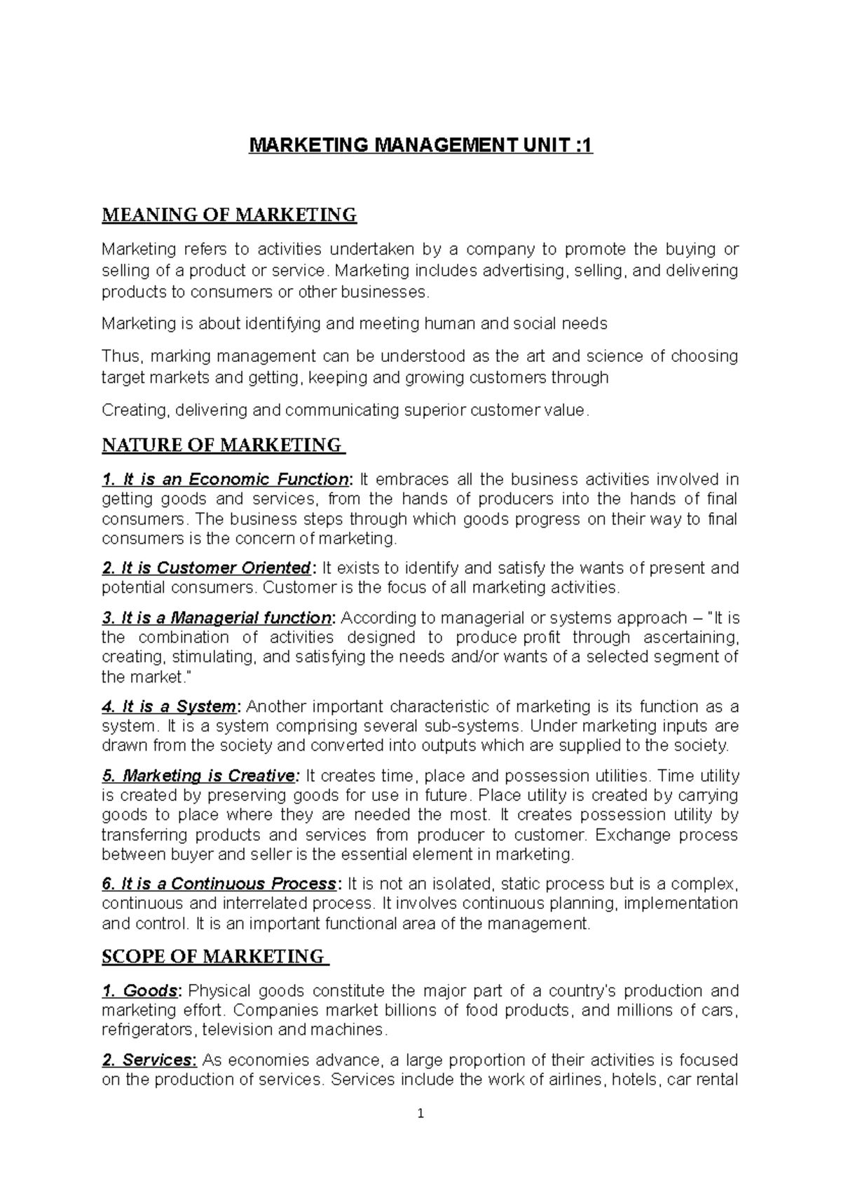 Marketing unit 1 - notes - MARKETING MANAGEMENT UNIT : MEANING OF ...