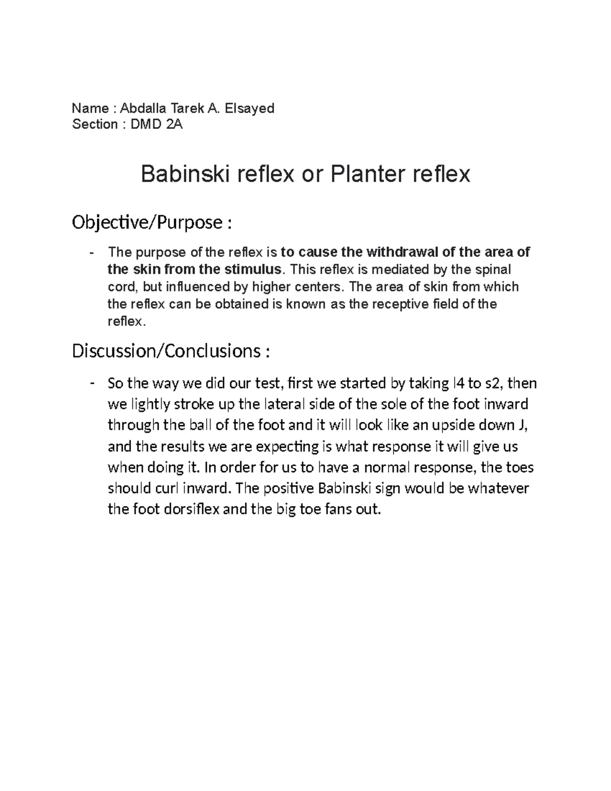 Activity 4 Babinski reflex or Planter reflex - Name : Abdalla Tarek A ...