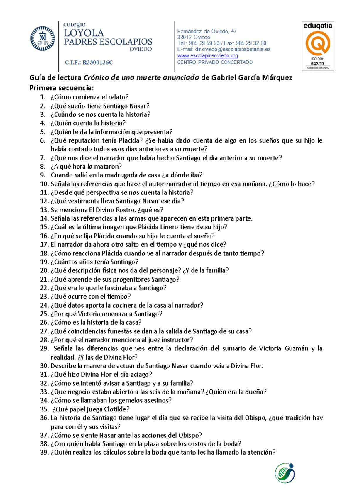 GUÍA DE Lectura Crónica de una muerte anunciada 21-22 Alumnos - Guía de ...
