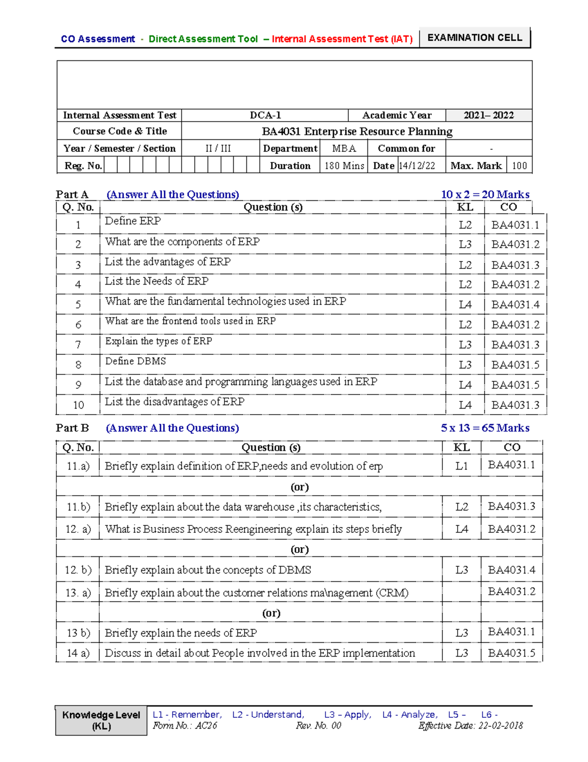 BA4031 ERP model DCA 2 - qustion paper - CO Assessment - Direct ...