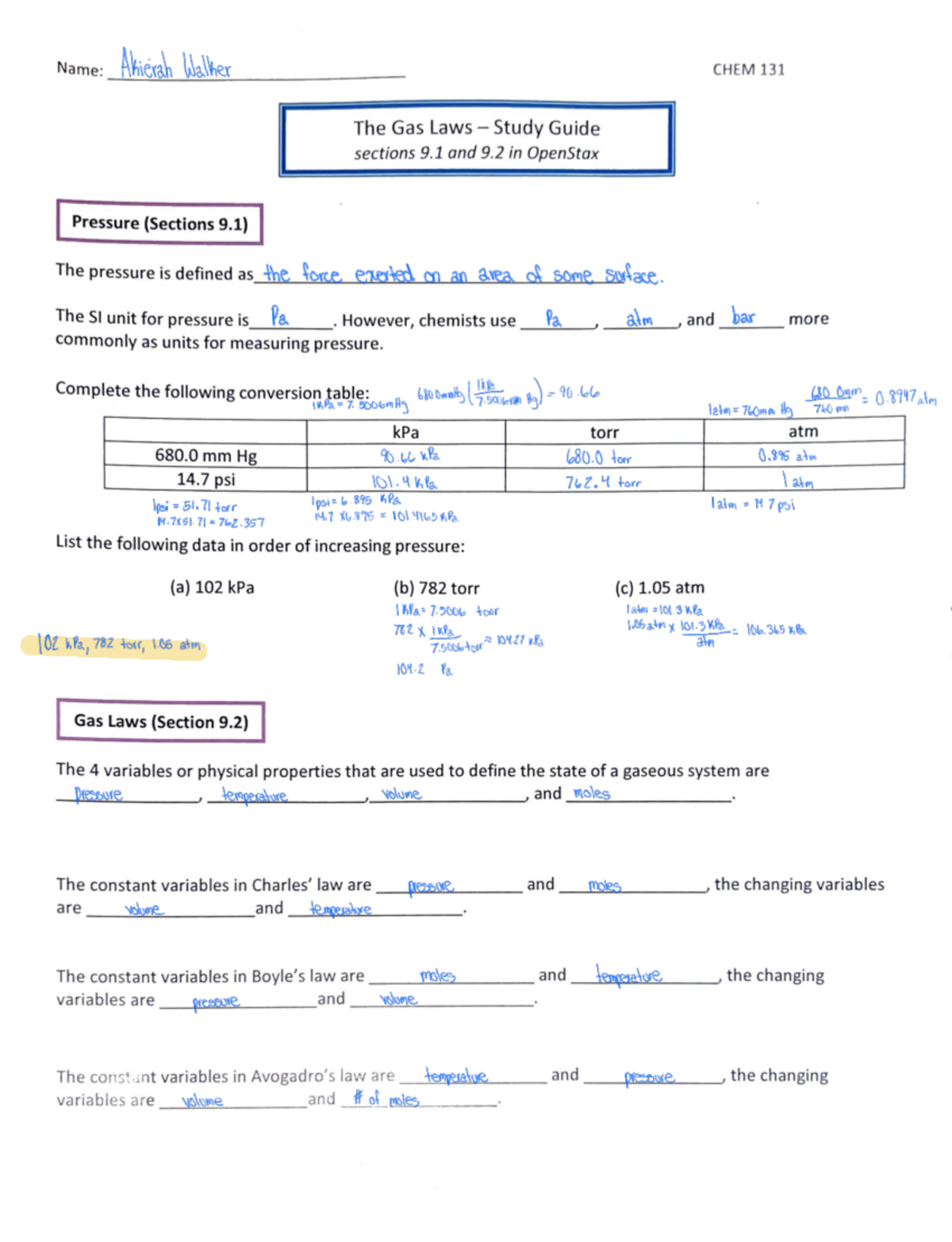 The Gas Laws Study Guide i - HkierahWalker theforceexertedon ...