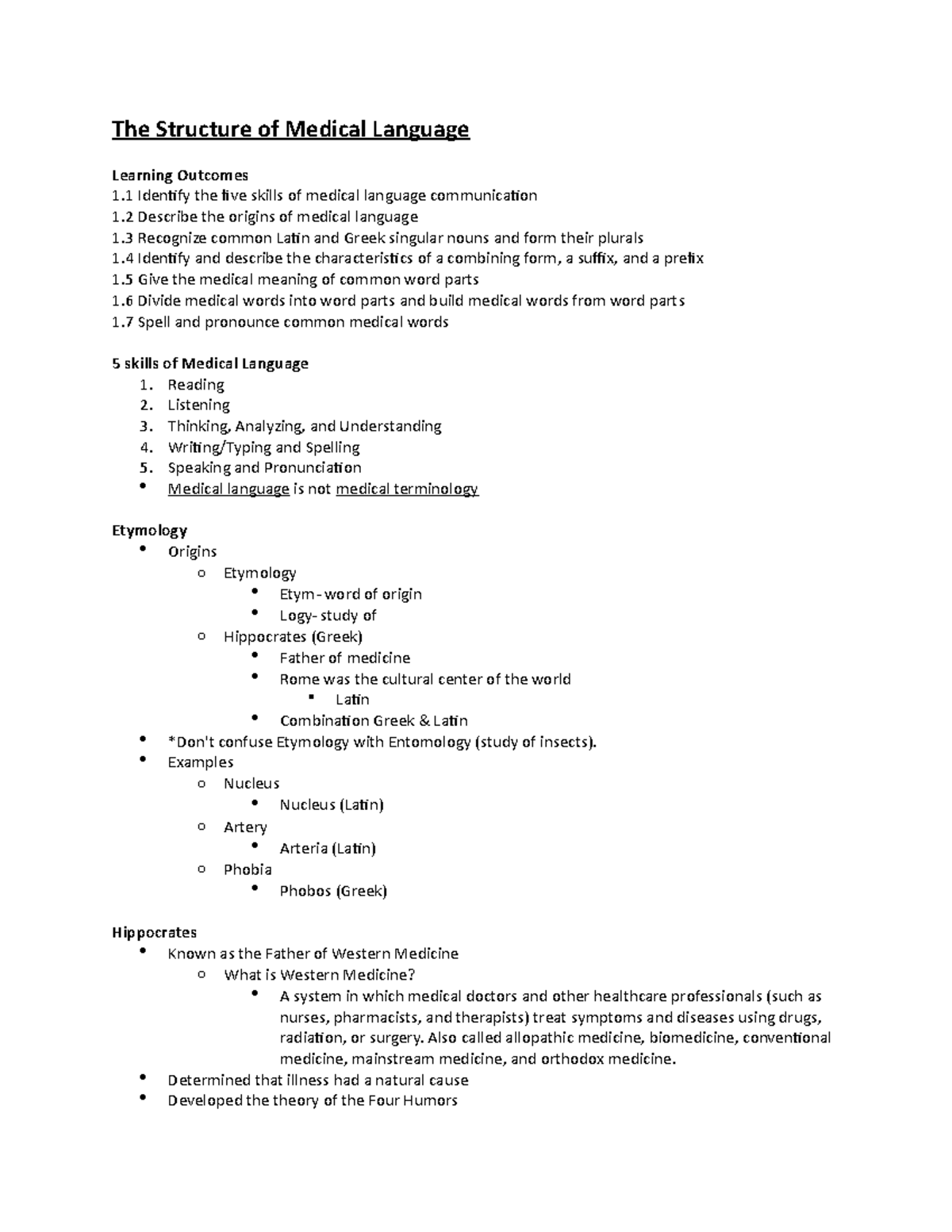 Chapter 1 - Notes: Medical Language; Planes and Directions; Body ...