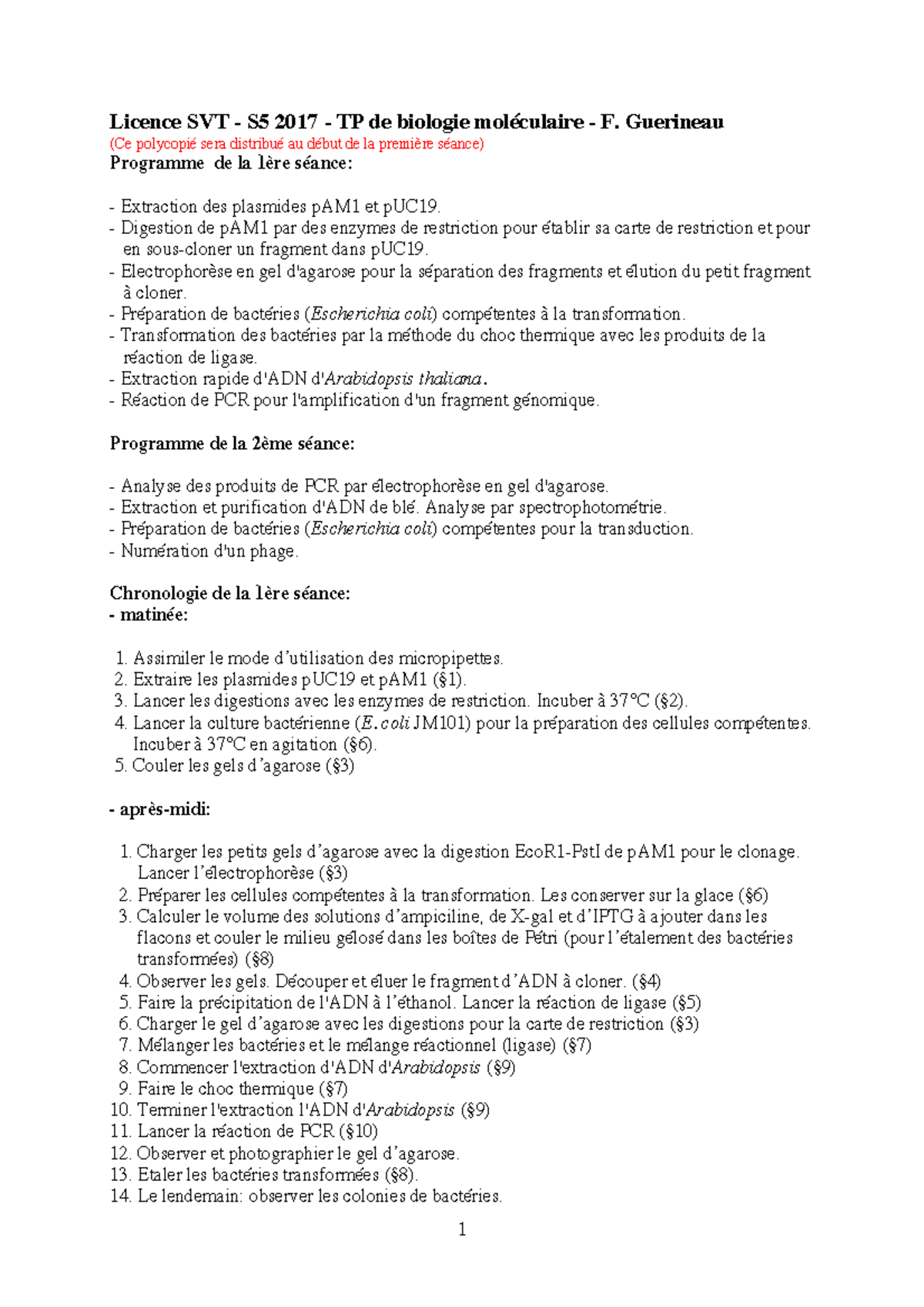 Poly de TP Biologie Moléculaire - Licence SVT - S5 2017 - TP de biologie moléculaire - F ...