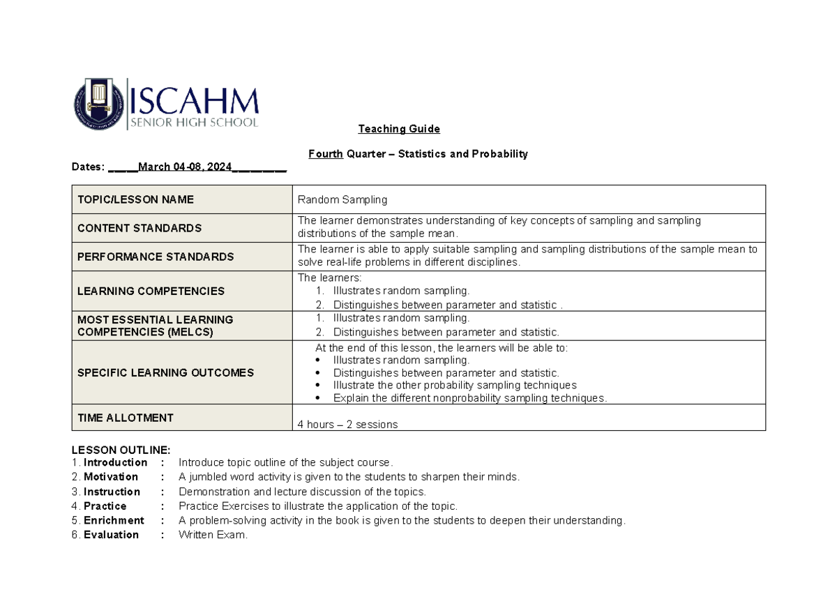 TG STAT -random sampling - Teaching Guide Fourth Quarter – Statistics ...
