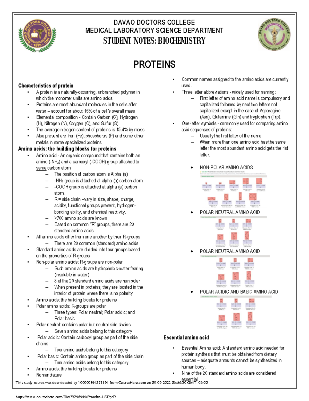 Proteins LEC .pdf - Notes for everyone - DAVAO DOCTORS COLLEGE MEDICAL ...