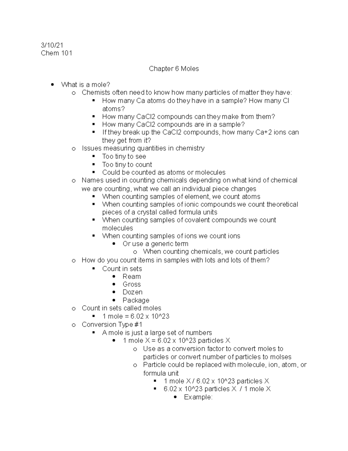 Chapter 6 Moles - Lecture notes 6 - 3/10/ Chem 101 Chapter 6 Moles What ...