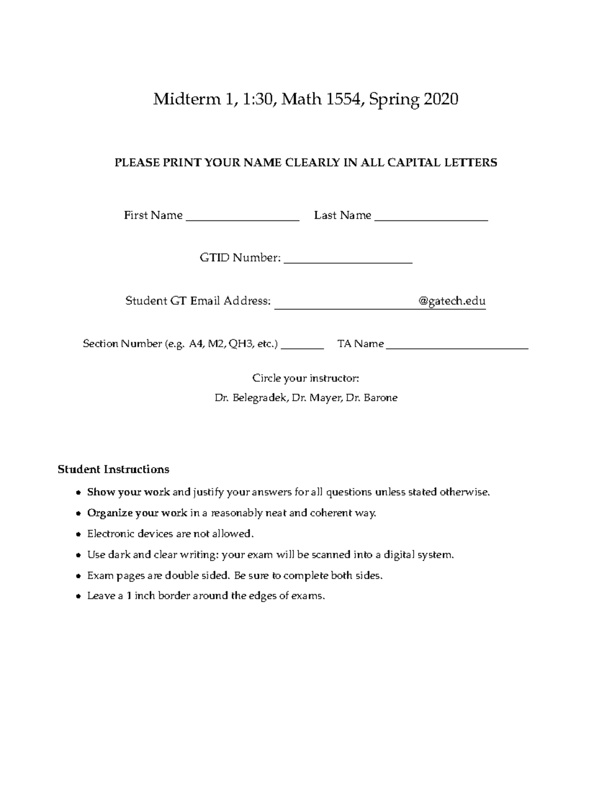 1554 Sample 3 - Midterm 1, 1:30, Math 1554, Spring 2020 PLEASE PRINT ...