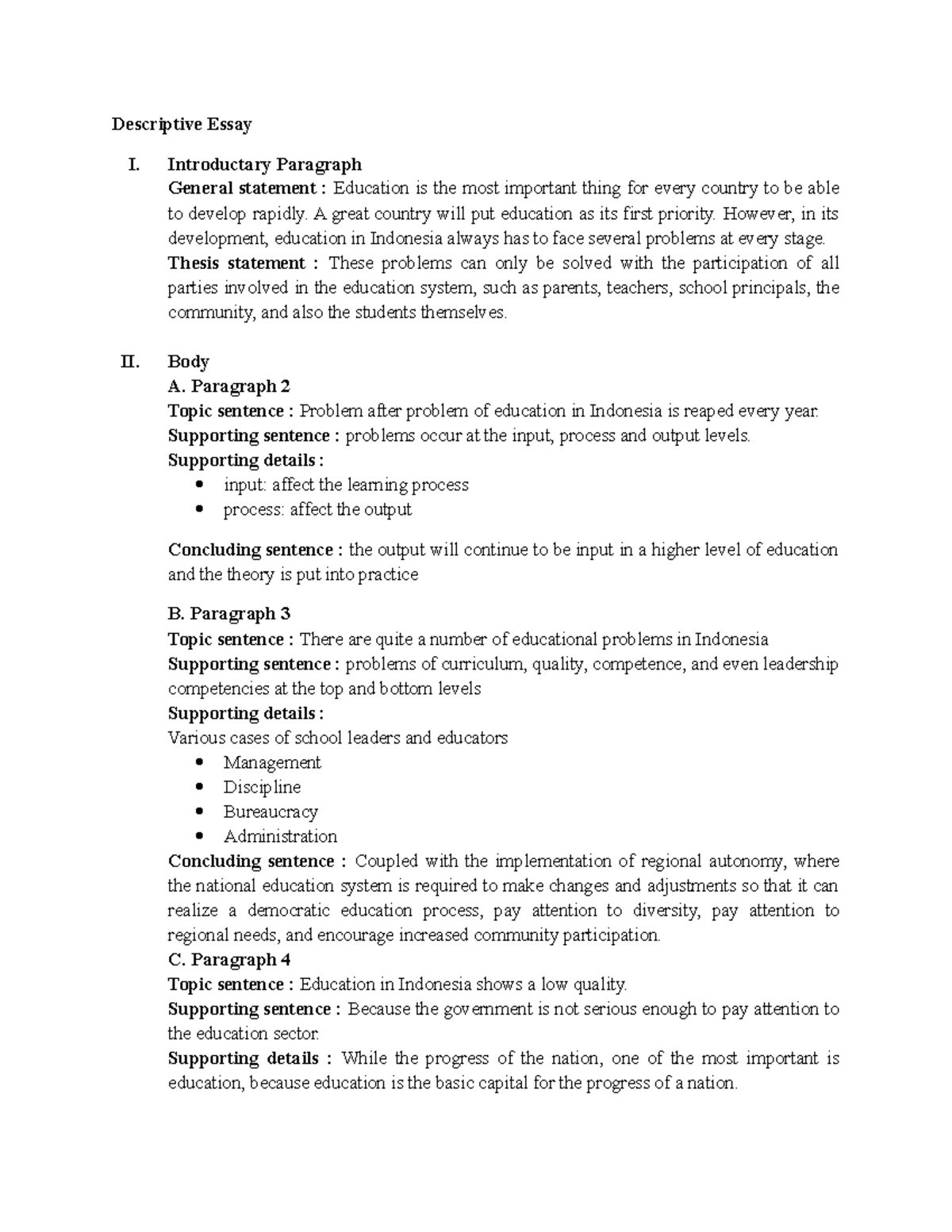 4 - essays - Descriptive Essay I. Introductary Paragraph General ...