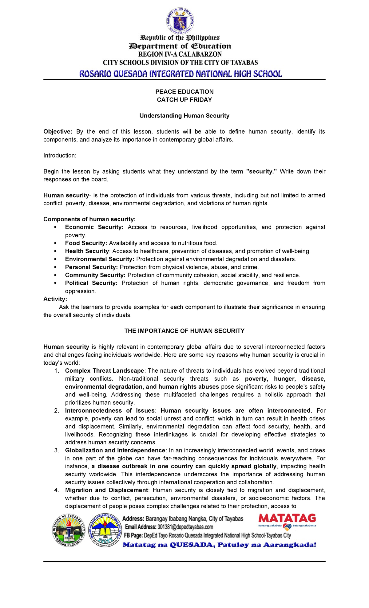 Peace Education - Human Security - PEACE EDUCATION CATCH UP FRIDAY ...