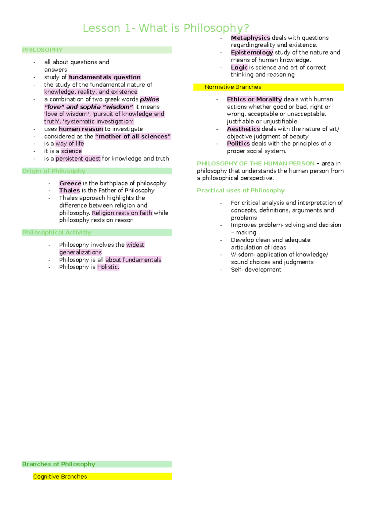 Lesson 1 Philosophy - Lesson 1- What is Philosophy? PHILOSOPHY all ...