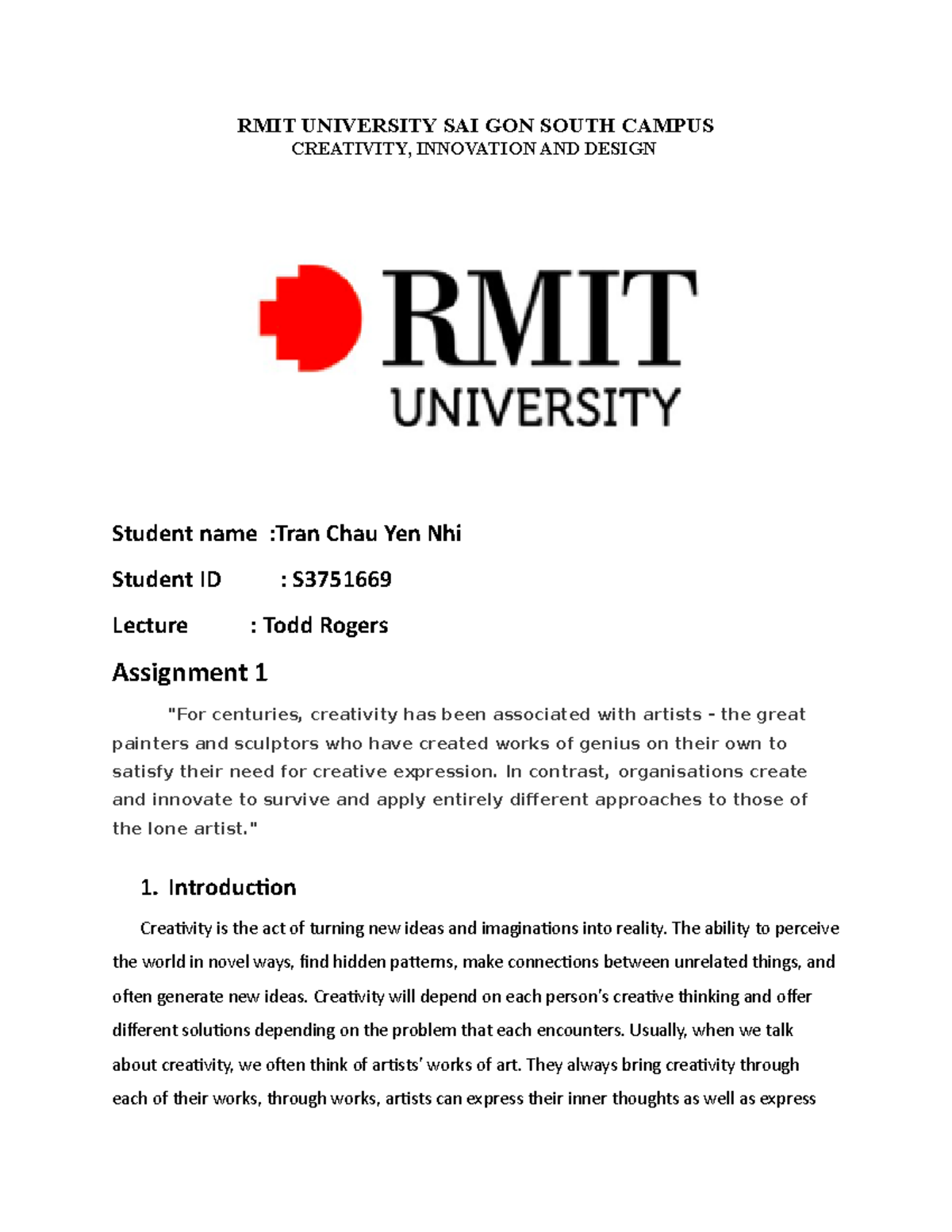 creativity assignment 1 - Creativity, Innovation and Design - RMIT ...
