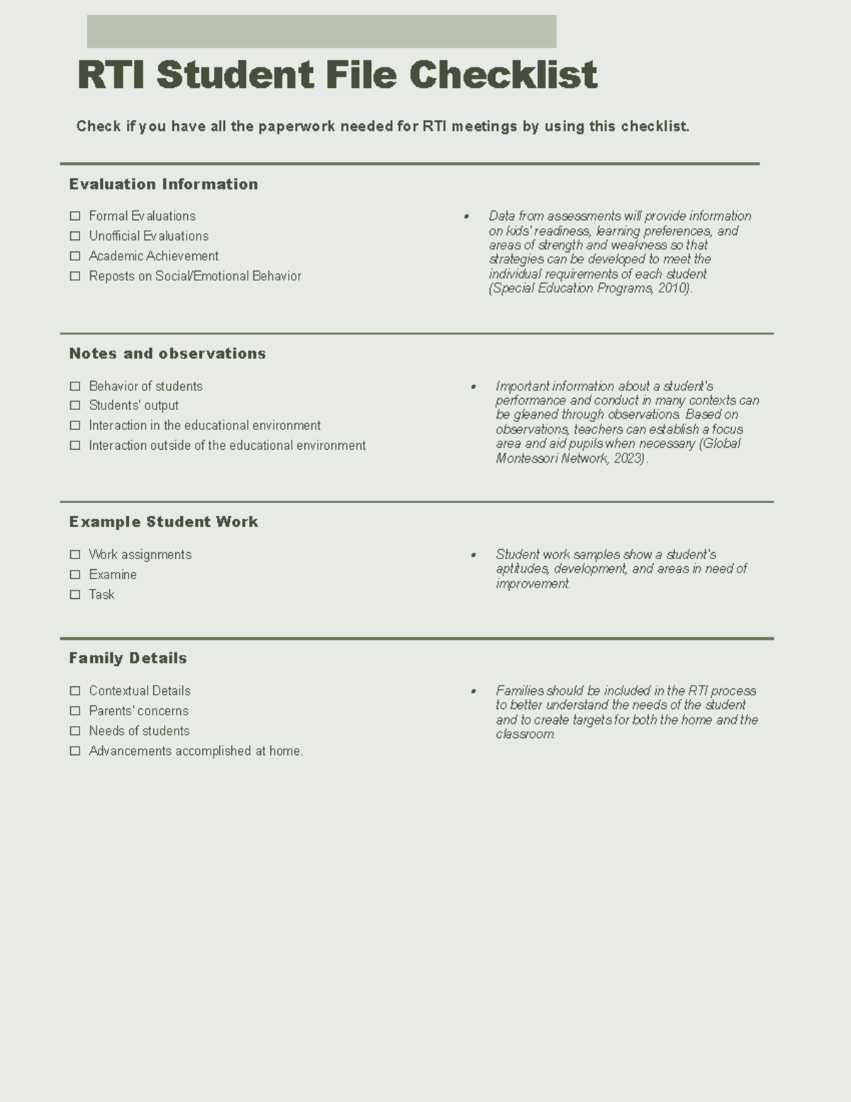 RTI Student File Checklist - RTI Student File Checklist Check if you ...