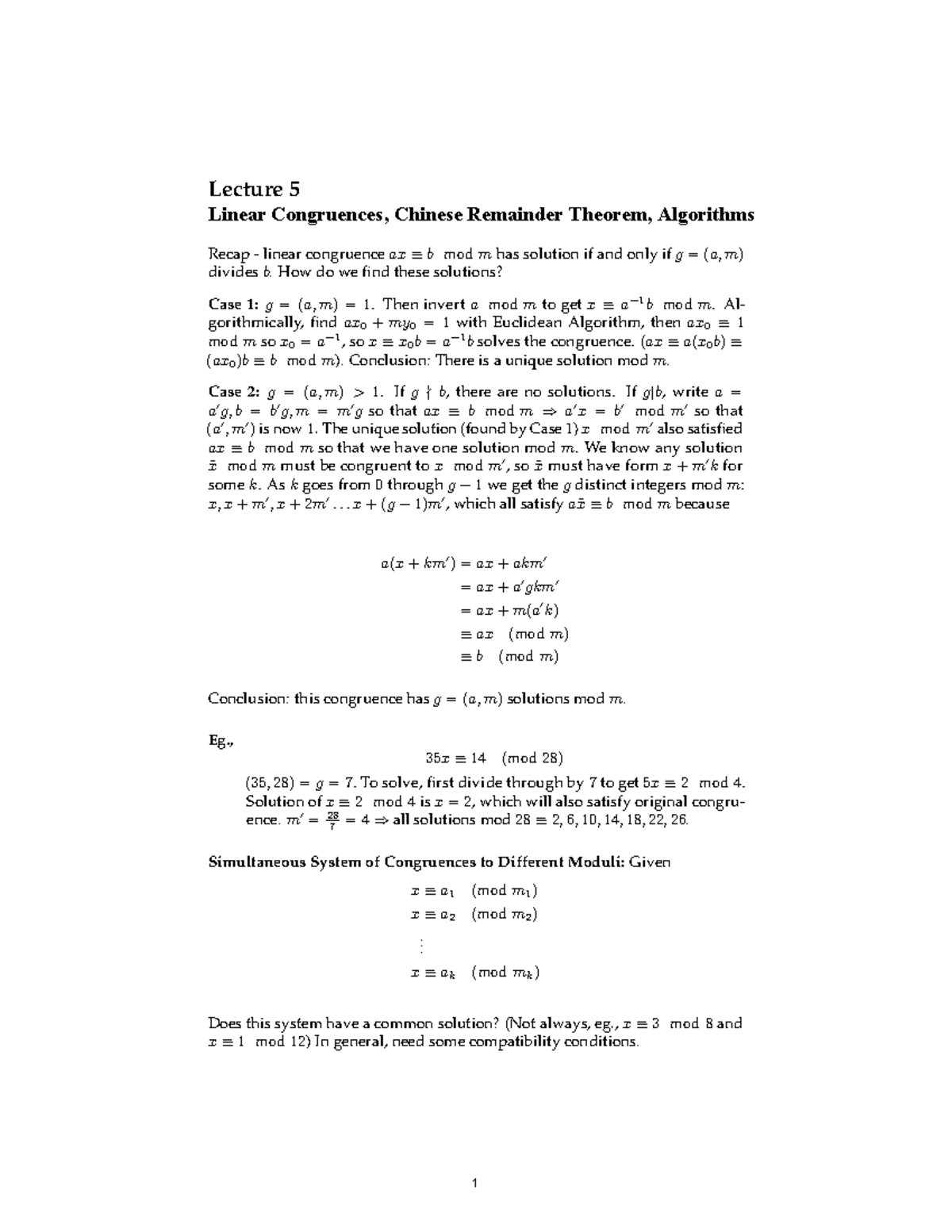 MIT18 781S12 lec5 - daddadad - Lecture 5 Linear Congruences, Chinese Remainder Theorem ...