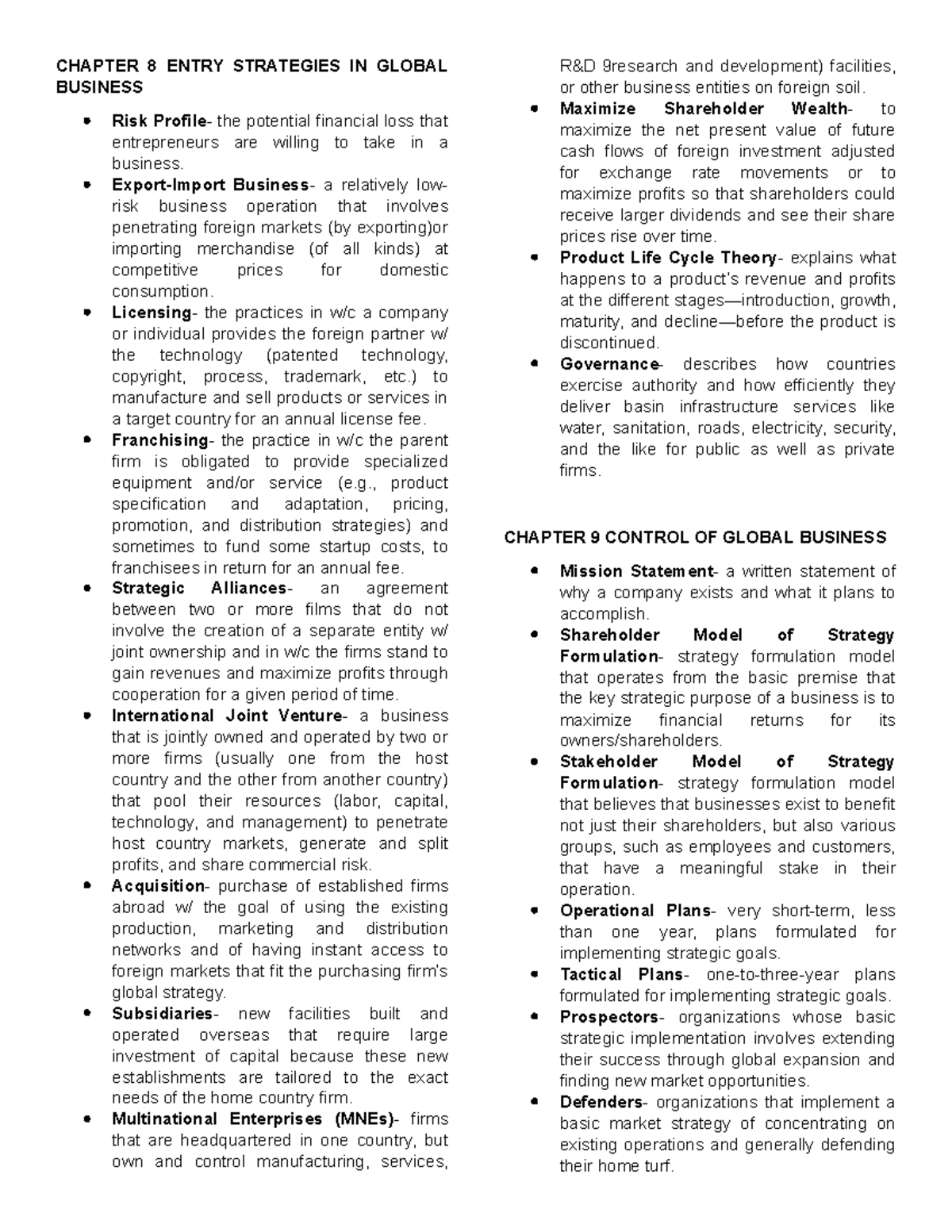 IBT Chapters 8-1 2 Terms ONLY - CHAPTER 8 ENTRY STRATEGIES IN GLOBAL ...