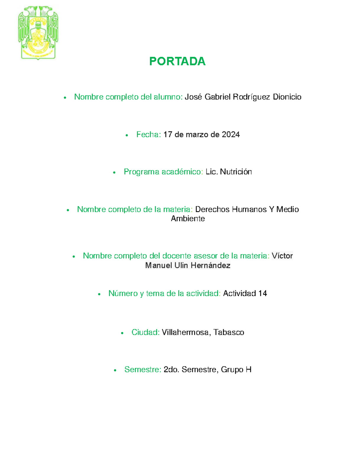 Derechos Humanos T14 - PORTADA • Nombre completo del alumno: José ...