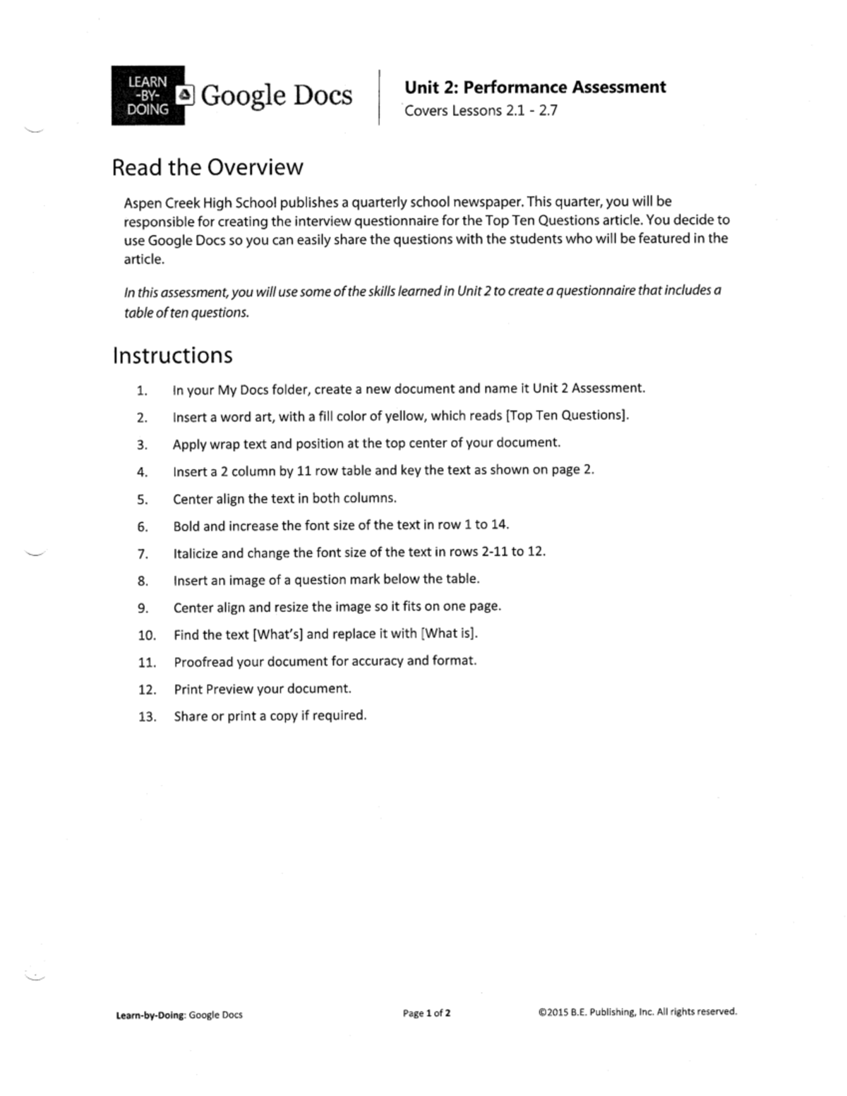 DOCS08 Chapter 2 Assessment - LEARN Google Docs Unit 2: Performance ...