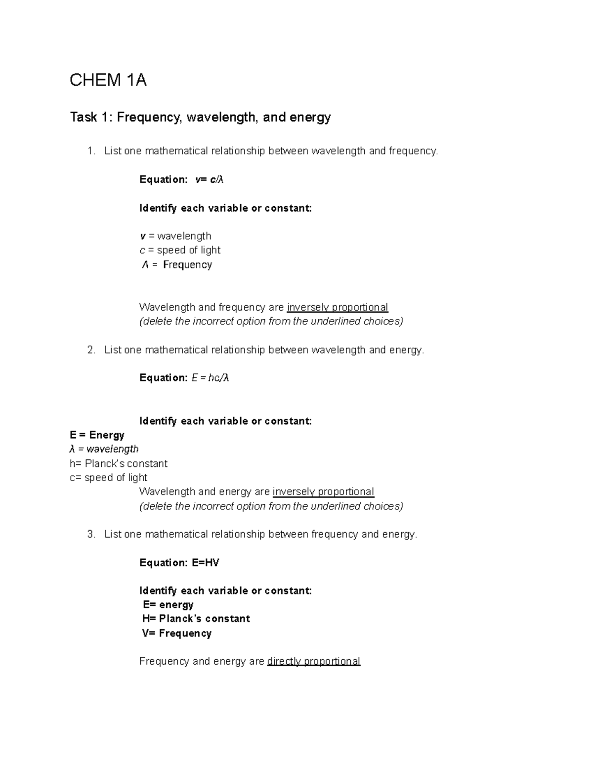 chem 1a frequency, waveleength and energy - CHEM 1A Task 1: Frequency ...