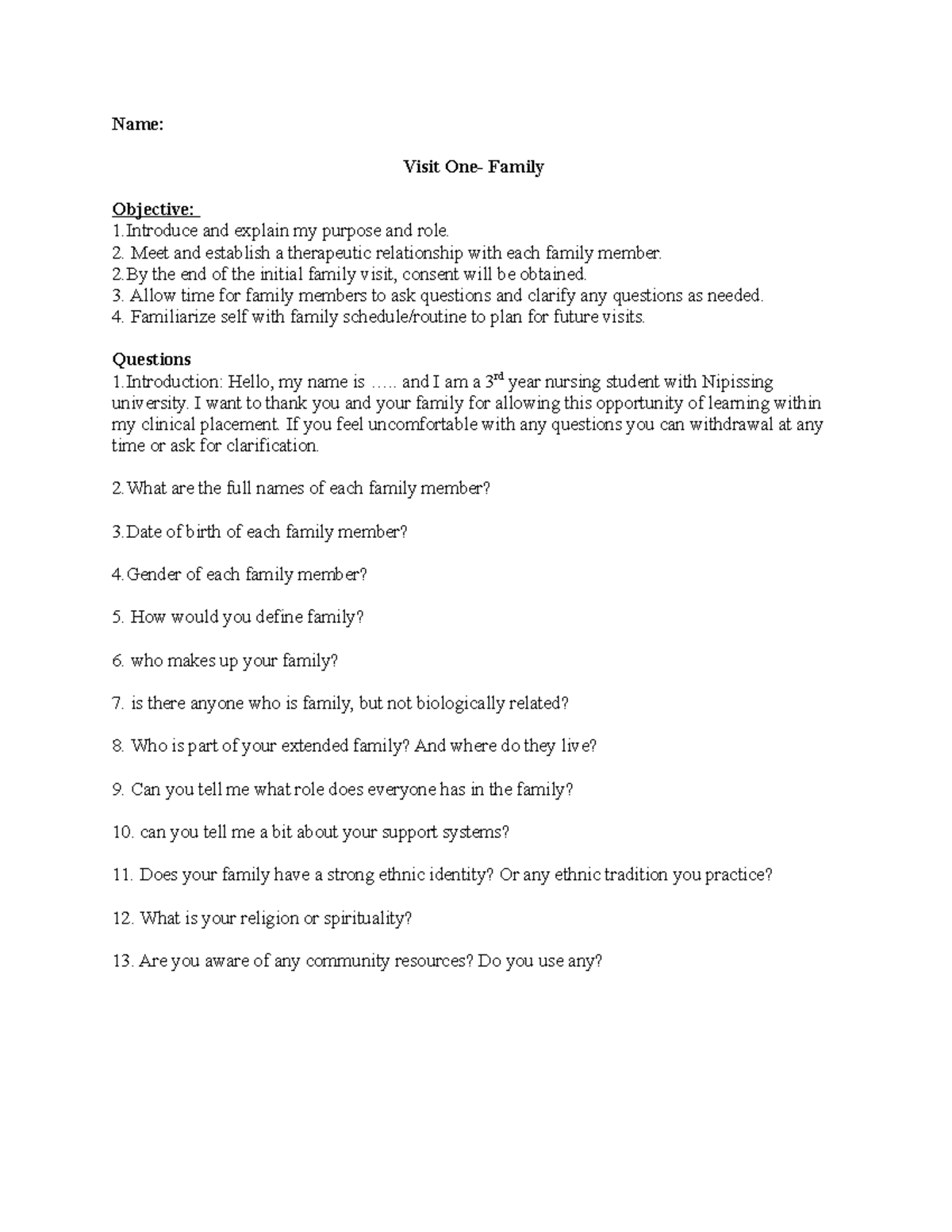 Name- family - Pre-visit one - Name: Visit One- Family Objective: 1 and ...