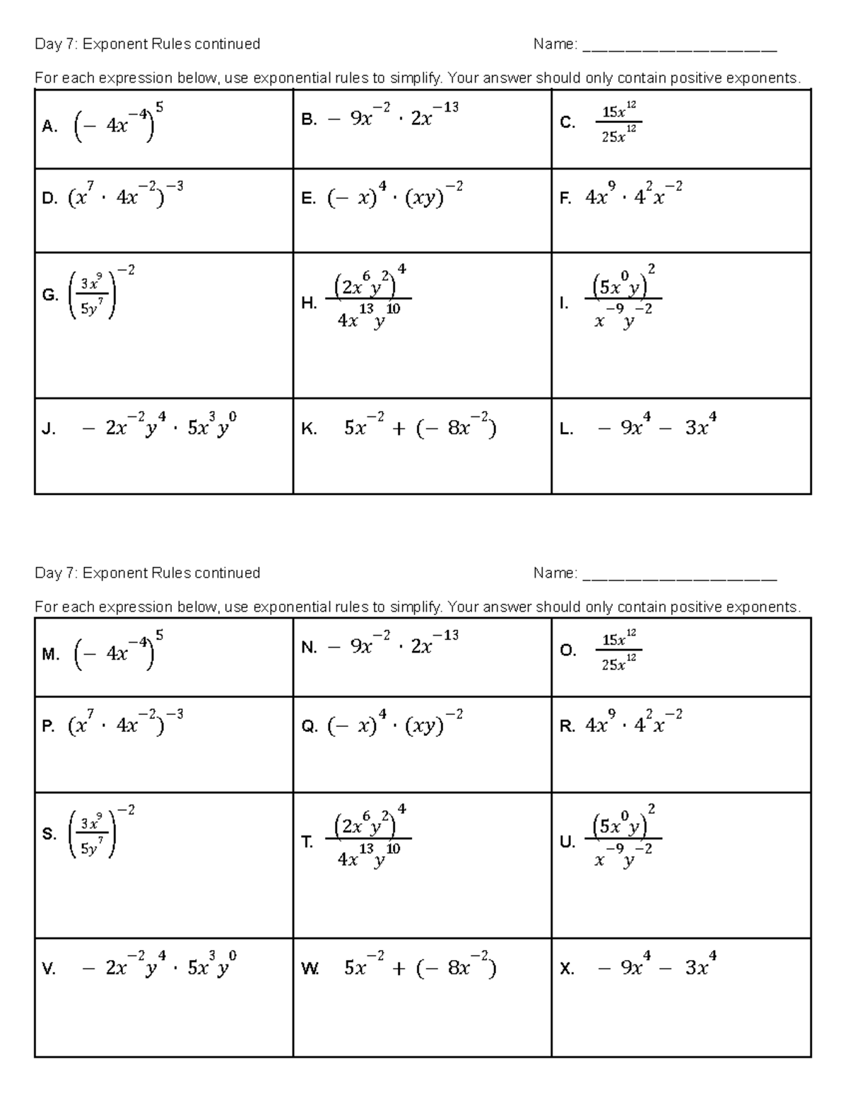 Day 7 HW Exponent Rules Continued - Your answer should only contain ...