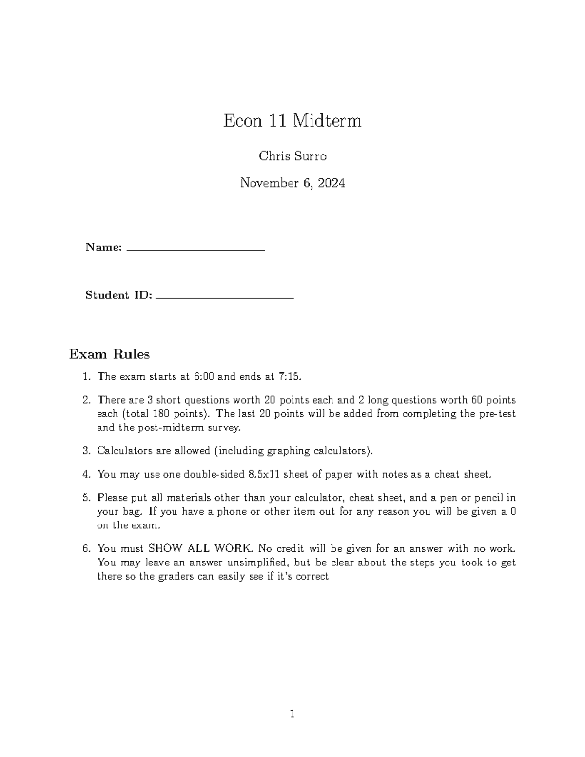 Econ 11 Midterm Fall 2024 - Econ 11 Midterm Chris Surro November 6 ...