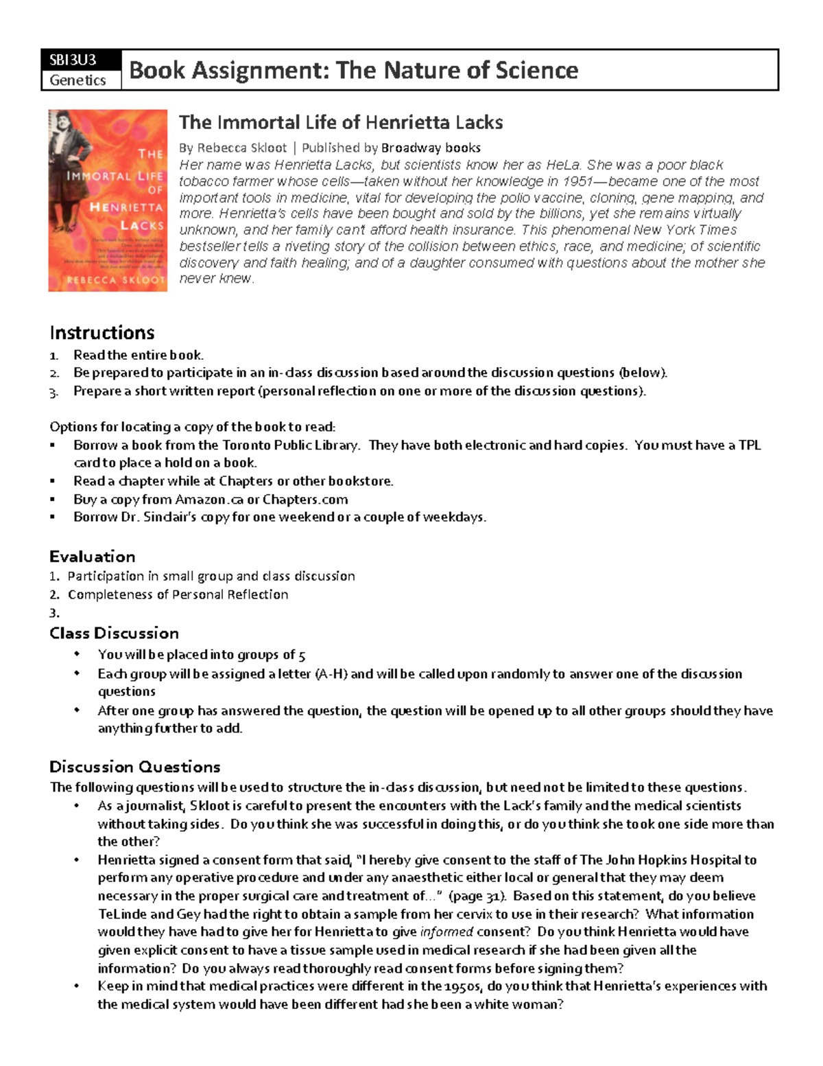 Book Study - Henrietta Lacks - SBI3U3 - SBI3U3 Genetics Book Assignment ...