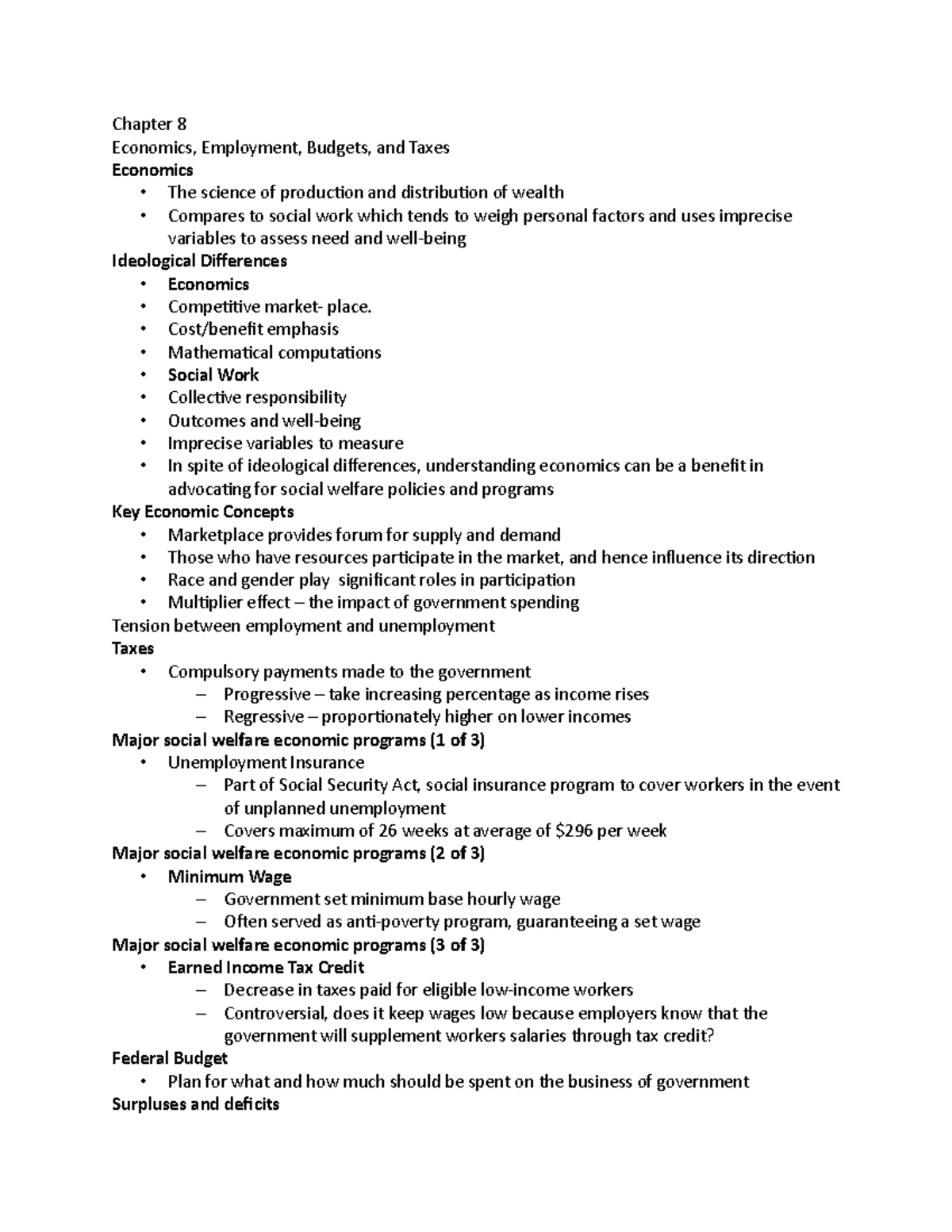 Chapter 8 - notes - Chapter 8 Economics, Employment, Budgets, and Taxes ...