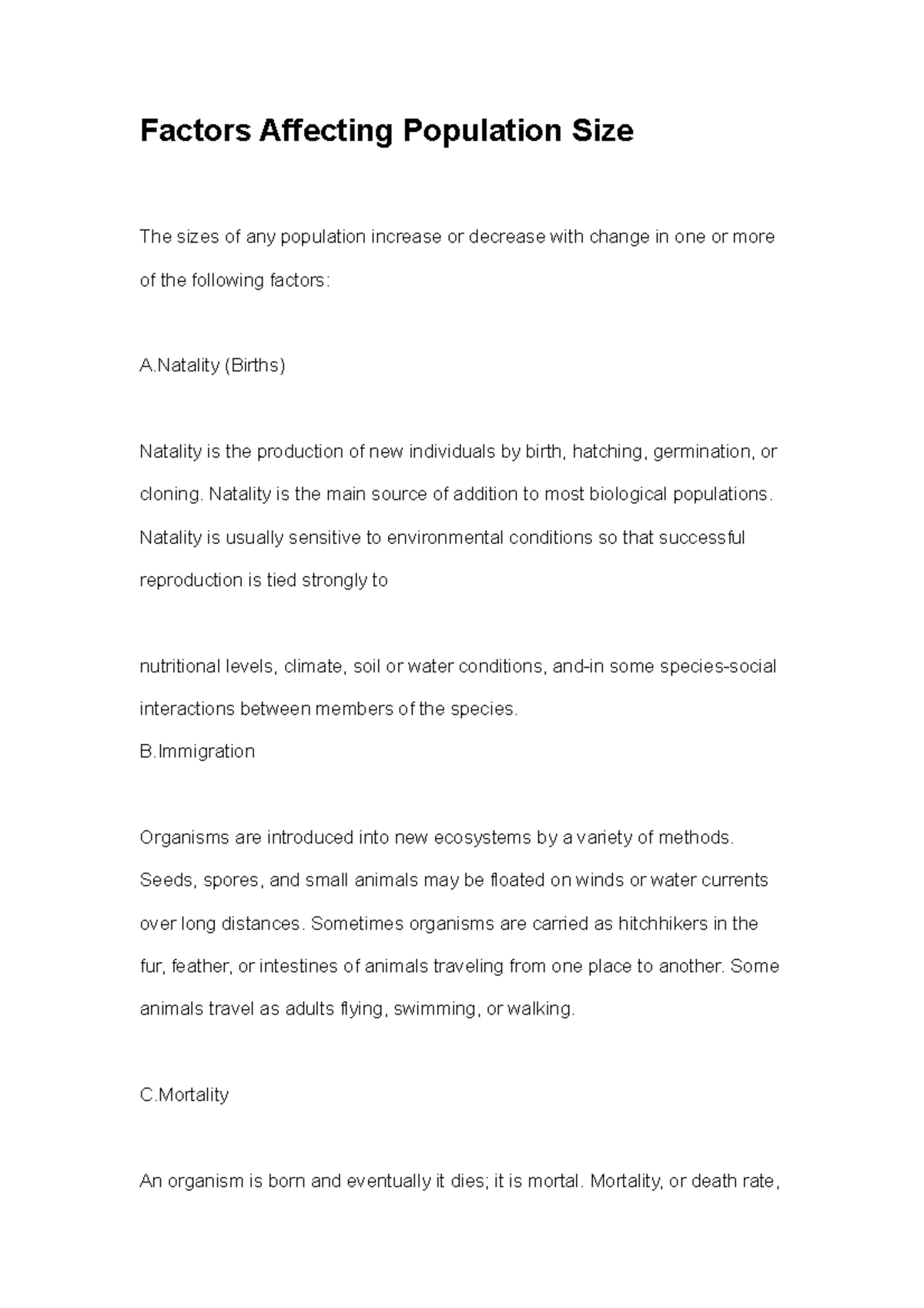 Factors Affecting Population Size - Natality is the main source of ...