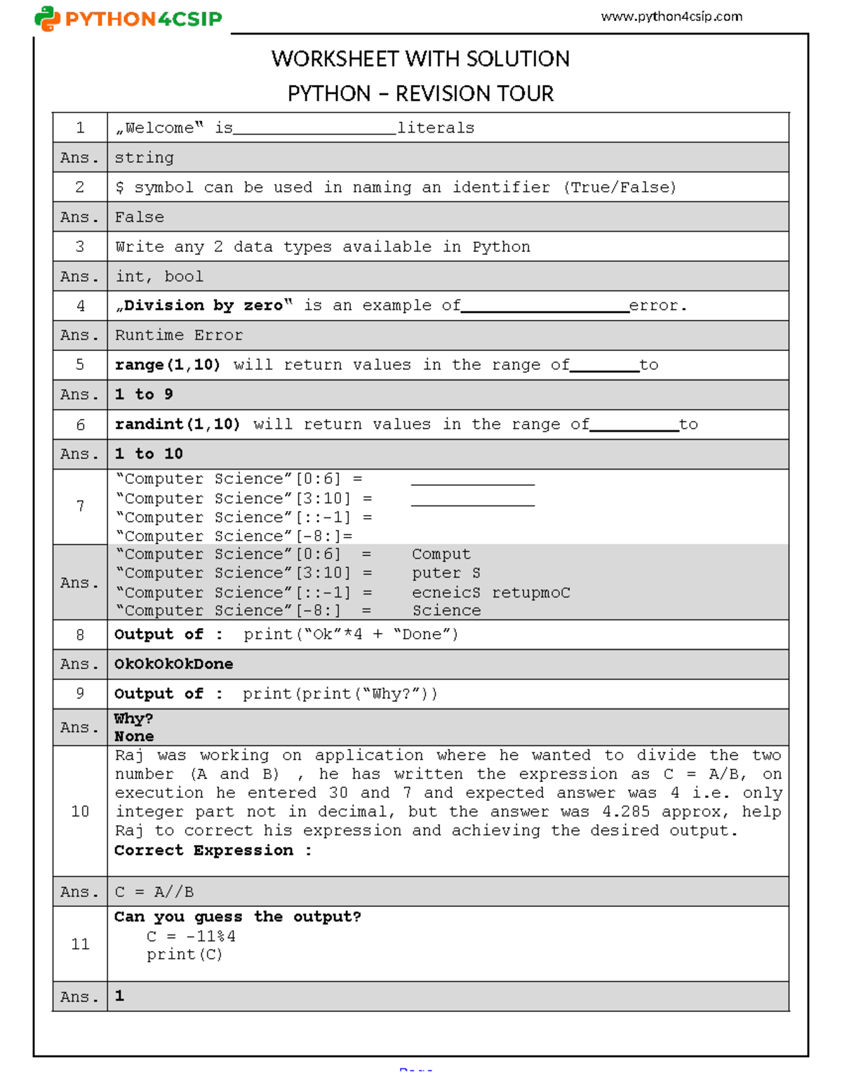Solution Revision TOUR Worksheet - WORKSHEET WITH SOLUTION PYTHON – REVISION TOUR 1 „Welcome‟ is ...