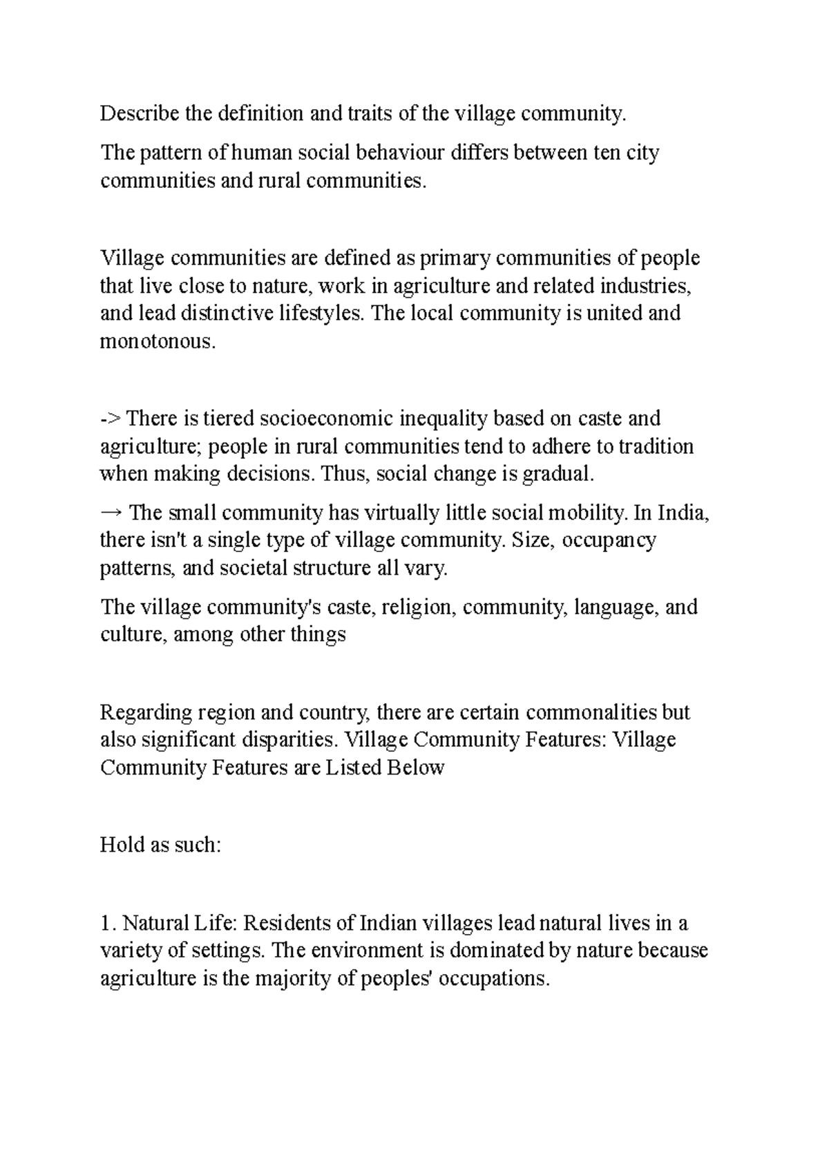 Describe the definition and traits of the village community - The ...