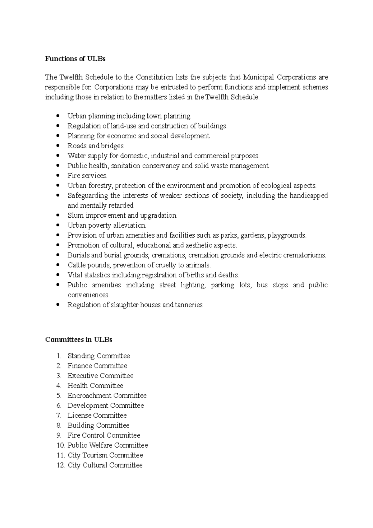 Functions and Committees of Urban local bodies - Functions of ULBs The ...