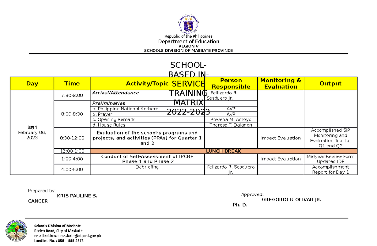 Inset 2023 Training Matrix final - Department of Education REGION V ...