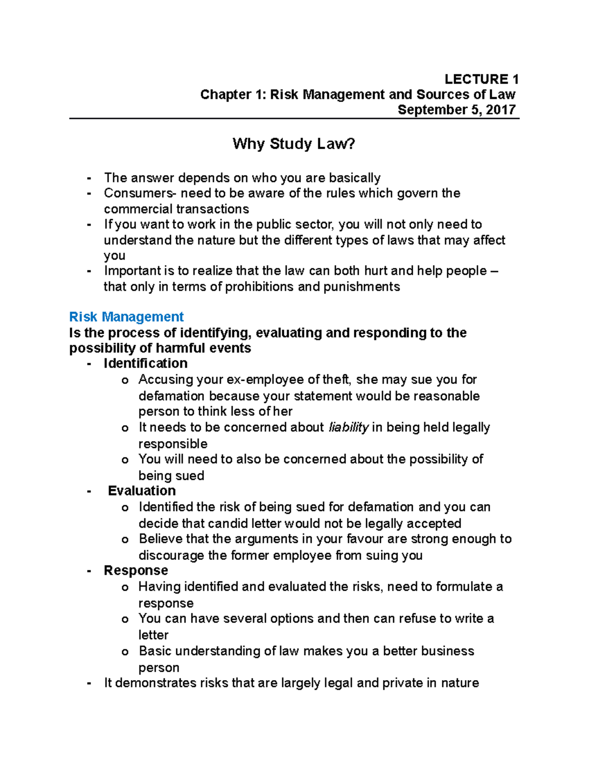 Lecture 1 - LECTURE 1 Chapter 1: Risk Management and Sources of Law ...