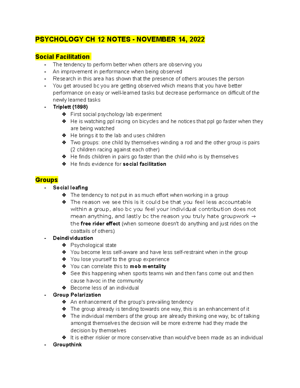 Psych CH 12 Notes - PSYCHOLOGY CH 12 NOTES - NOVEMBER 14, 2022 Social ...