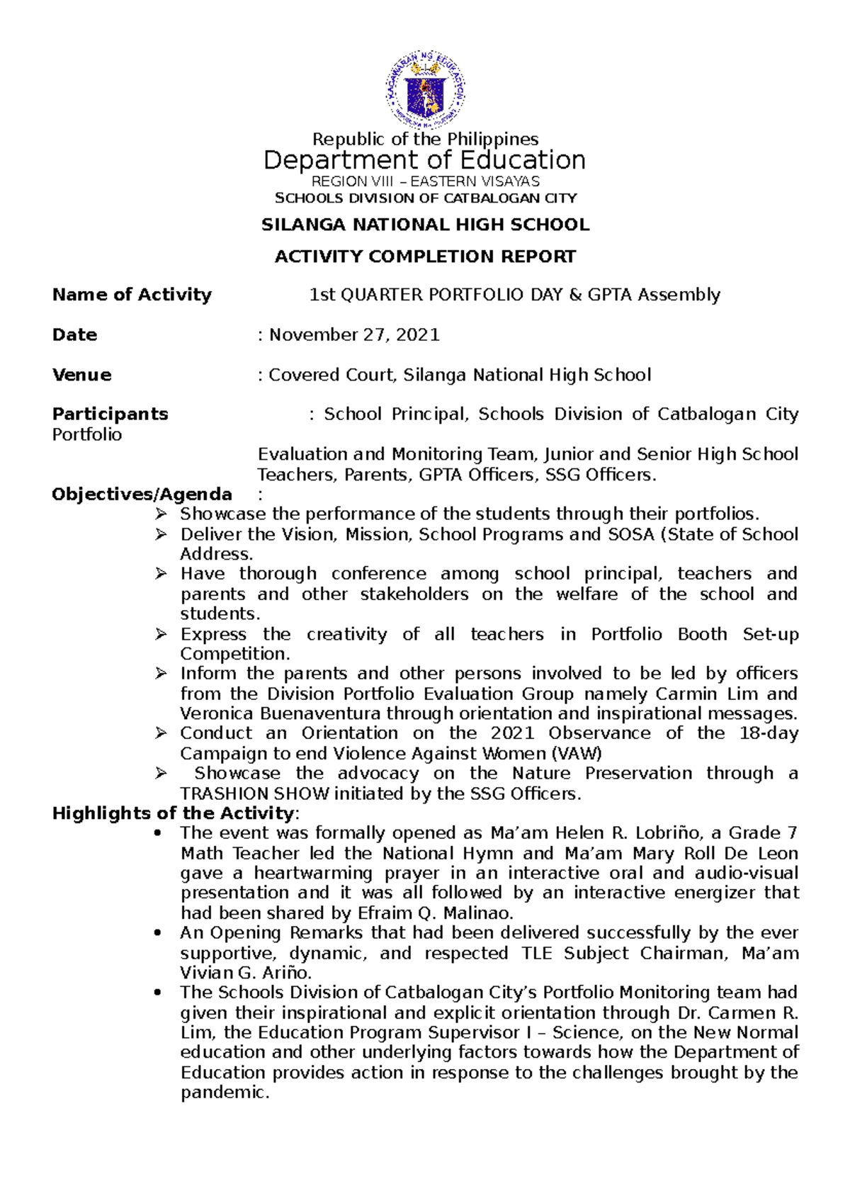 ACR 1st Quarter Portfolio and GPTA Assembly - Republic of the ...