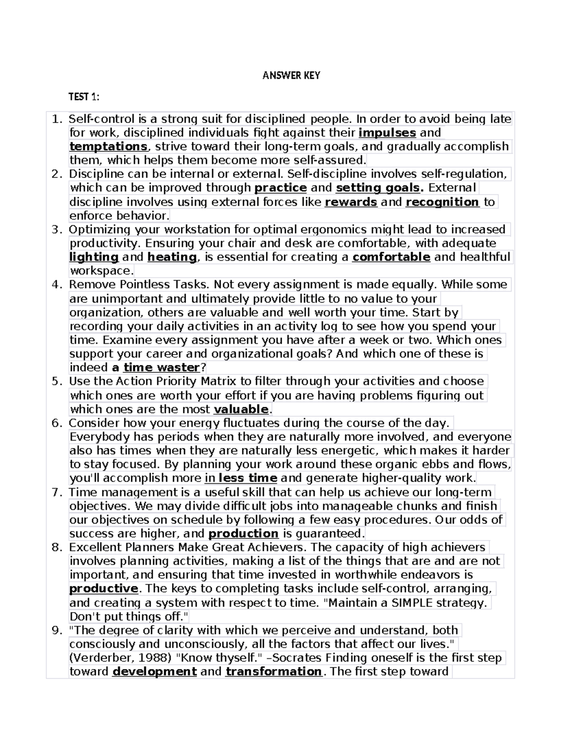 Answer-KEY- Chapter-5 - ANSWER KEY TEST 1: 1. Self-control is a strong ...