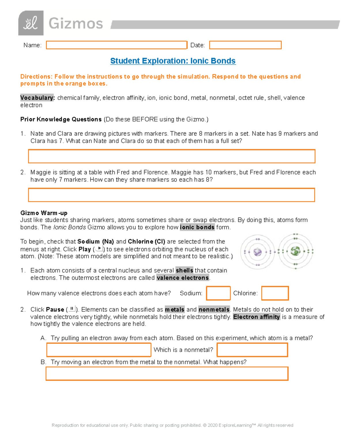 Ionic Bonds Gizmo Worksheet - Name: Date: Student Exploration: Ionic ...