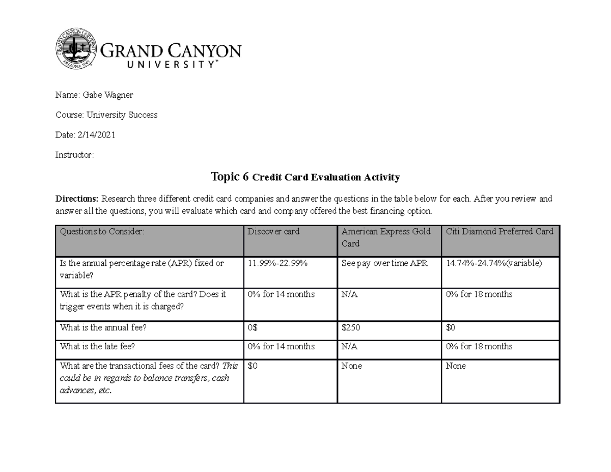 UNV103 T6 Credit Card Activity finished - Name: Gabe Wagner Course ...