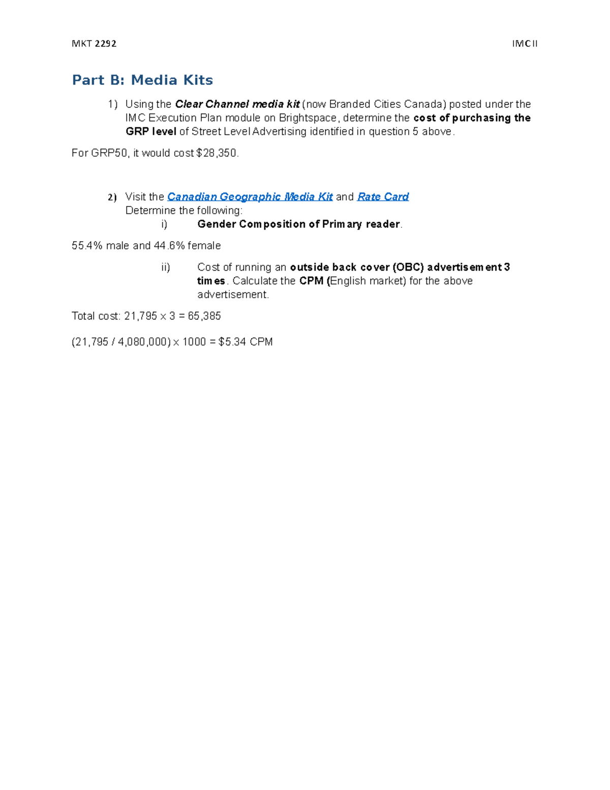 MKT2292 - WK6 ICA - notes - MKT 2292 IMC II Part B: Media Kits Using ...