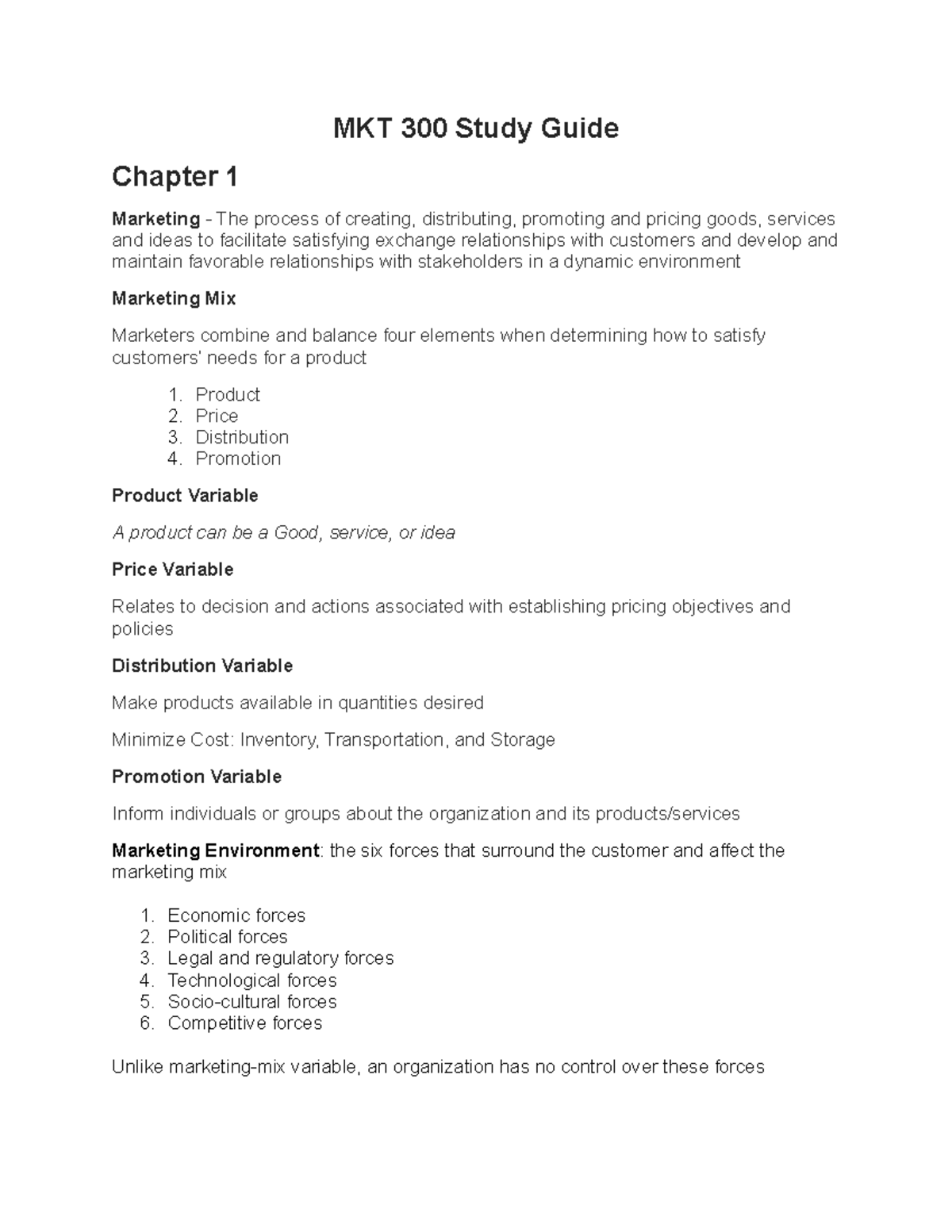 MKT 300 Study Guide - MKT 300 Study Guide Chapter 1 Marketing - The ...