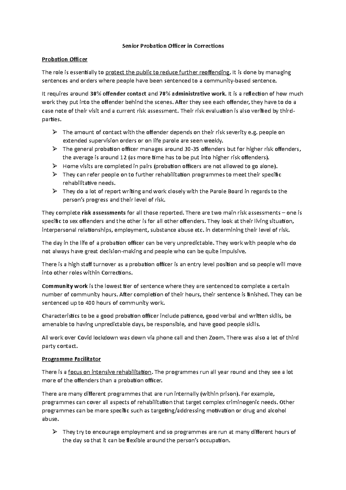 Probation officer - notes - Senior Probation Officer in Corrections ...