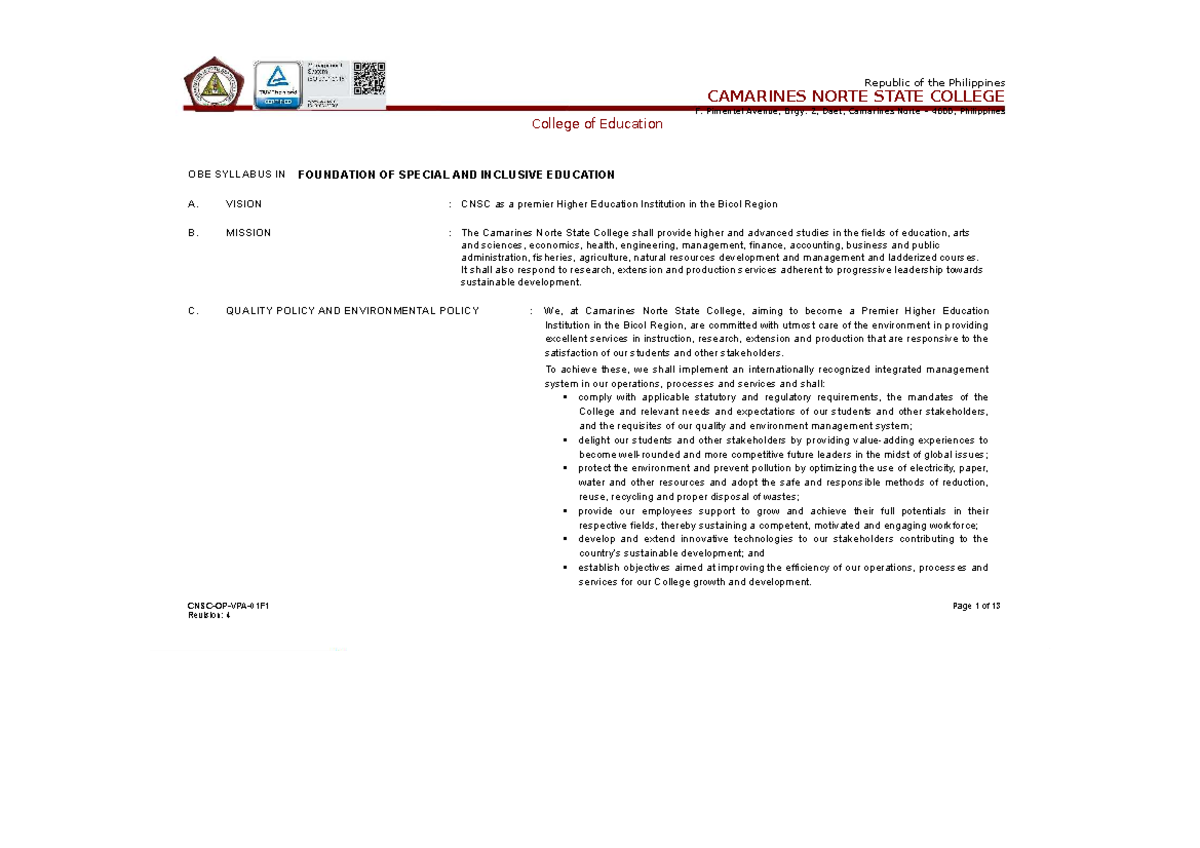 Syllabus-infoundation-of-special-and-inclusive-education compress - OBE ...