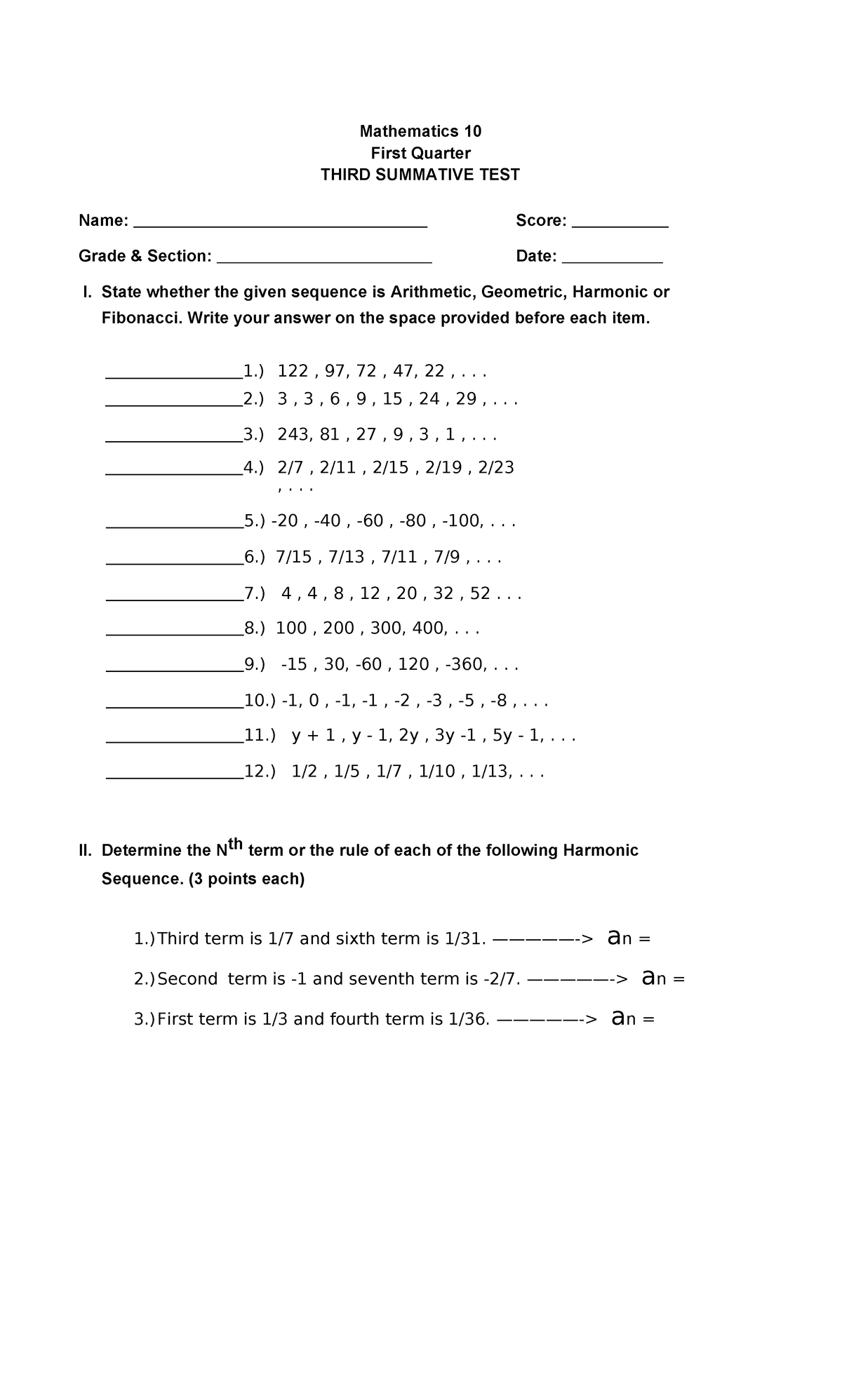 Math10Third Summative Test - Mathematics 10 First Quarter THIRD ...