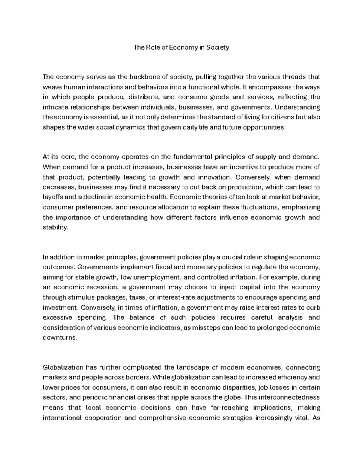 Economy - Observation - The Role of Economy in Society The economy ...