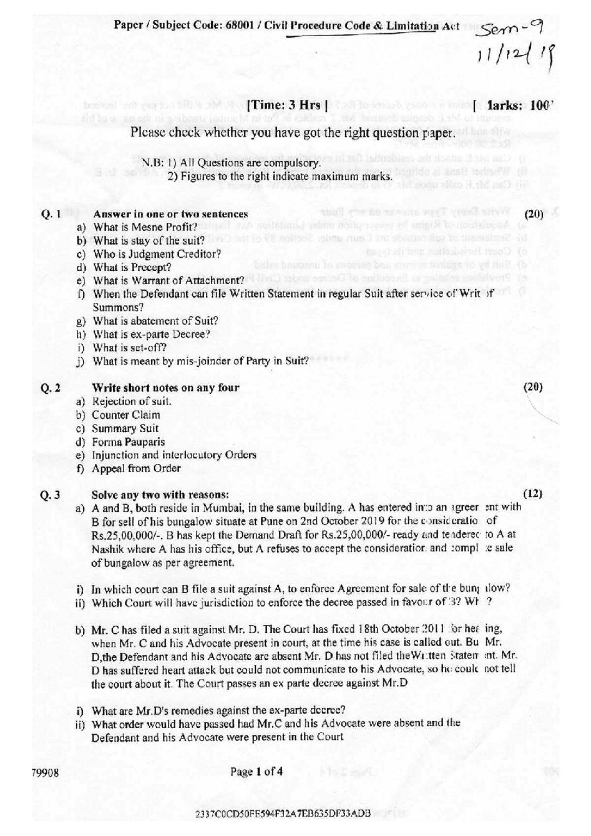 Civil Procedure - PREVIOUS YR QUESTION PAPER - Bachelors of Law - 3 ...