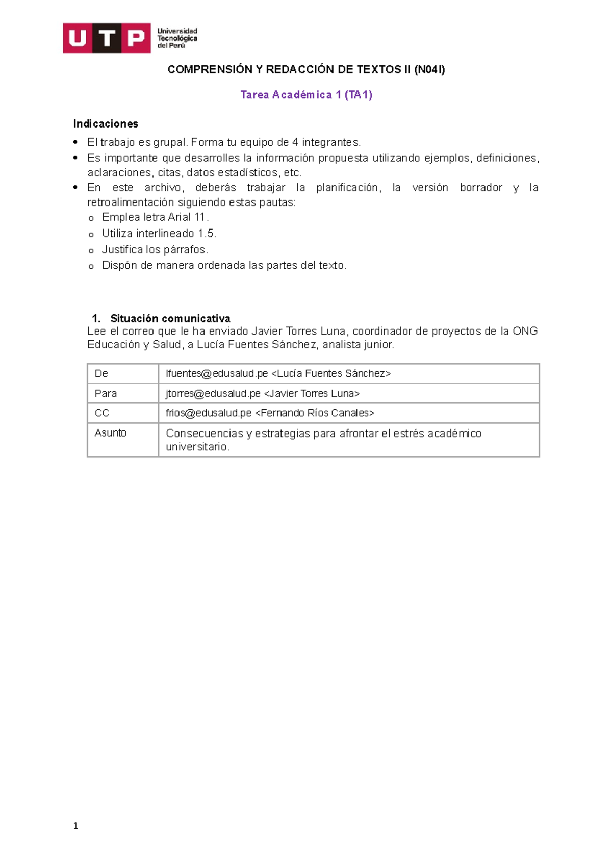 S03 - s1 - Tarea Académica 1 (TA1) Borrador - COMPRENSIÓN Y REDACCIÓN DE TEXTOS II (N04I) Tarea ...