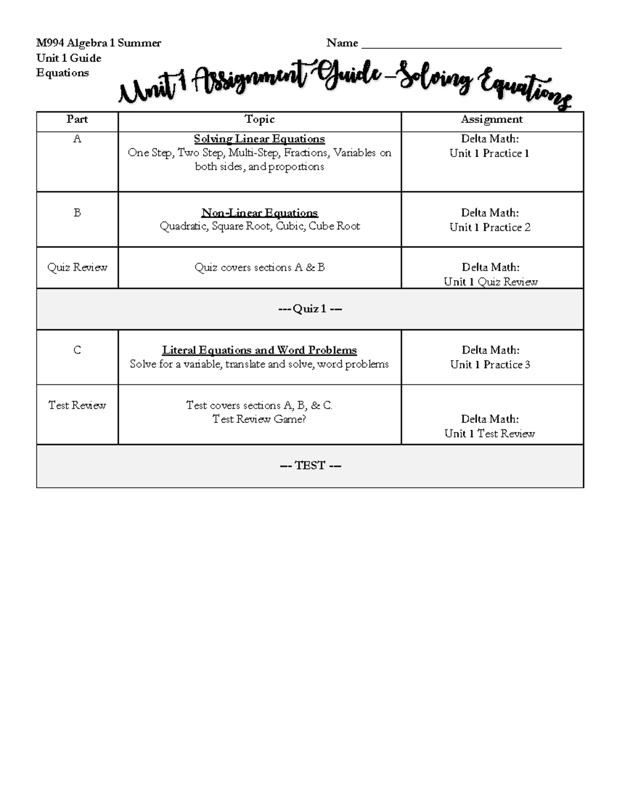 M994 Unit 1 Notes Binder - M994 Algebra 1 Summer Name ...