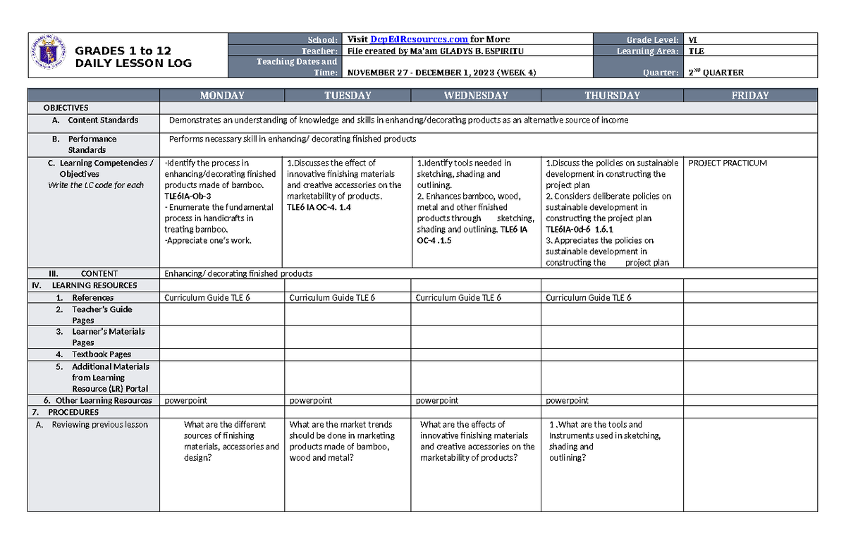 DLL TLE 6 Q2 W4 - GRADES 1 to 12 DAILY LESSON LOG School: Visit DepEdResources for More Grade ...