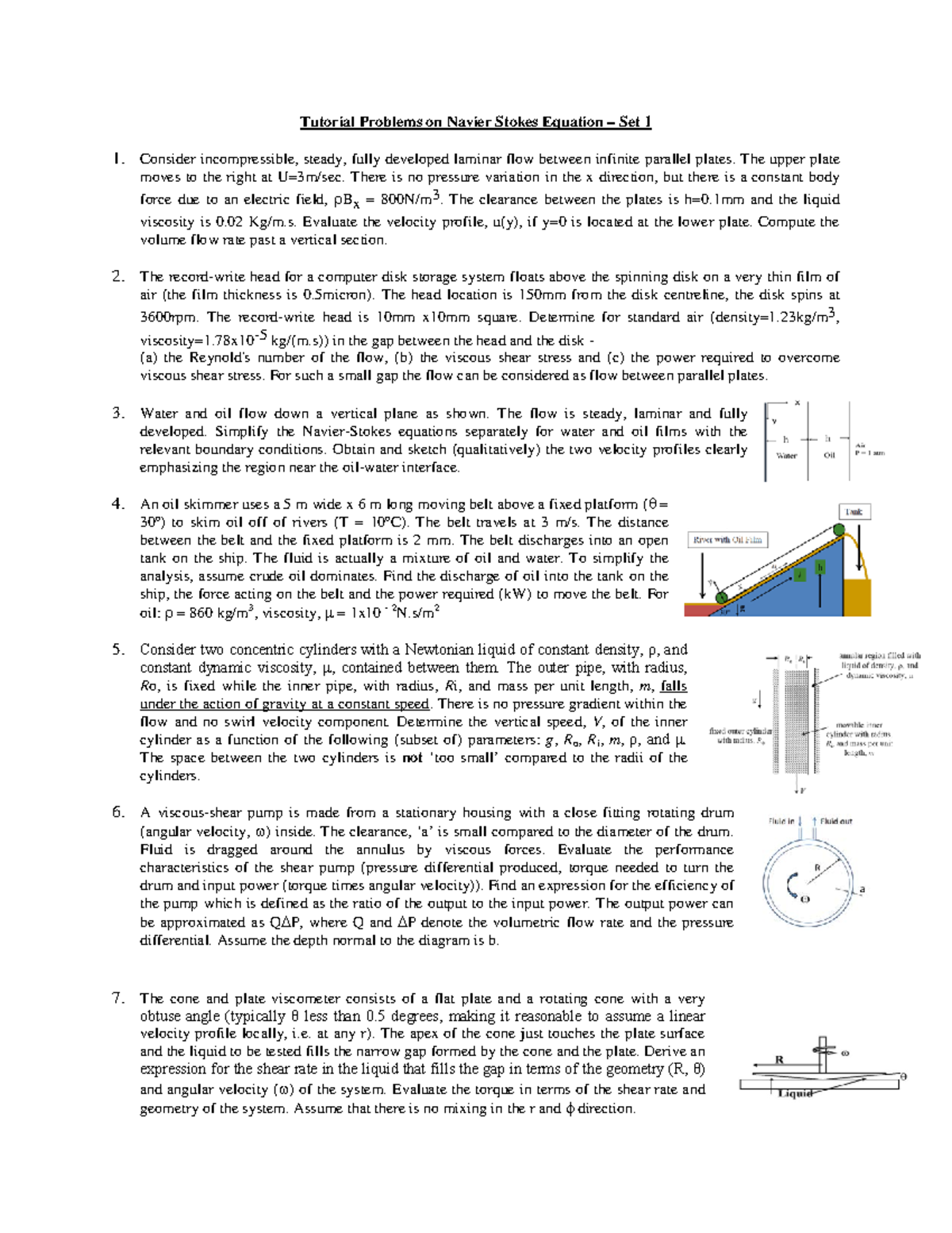 Tutorial Problems NS Equation Set 1 - Tutorial Problems on Navier Stokes Equation – Set 1 1 ...