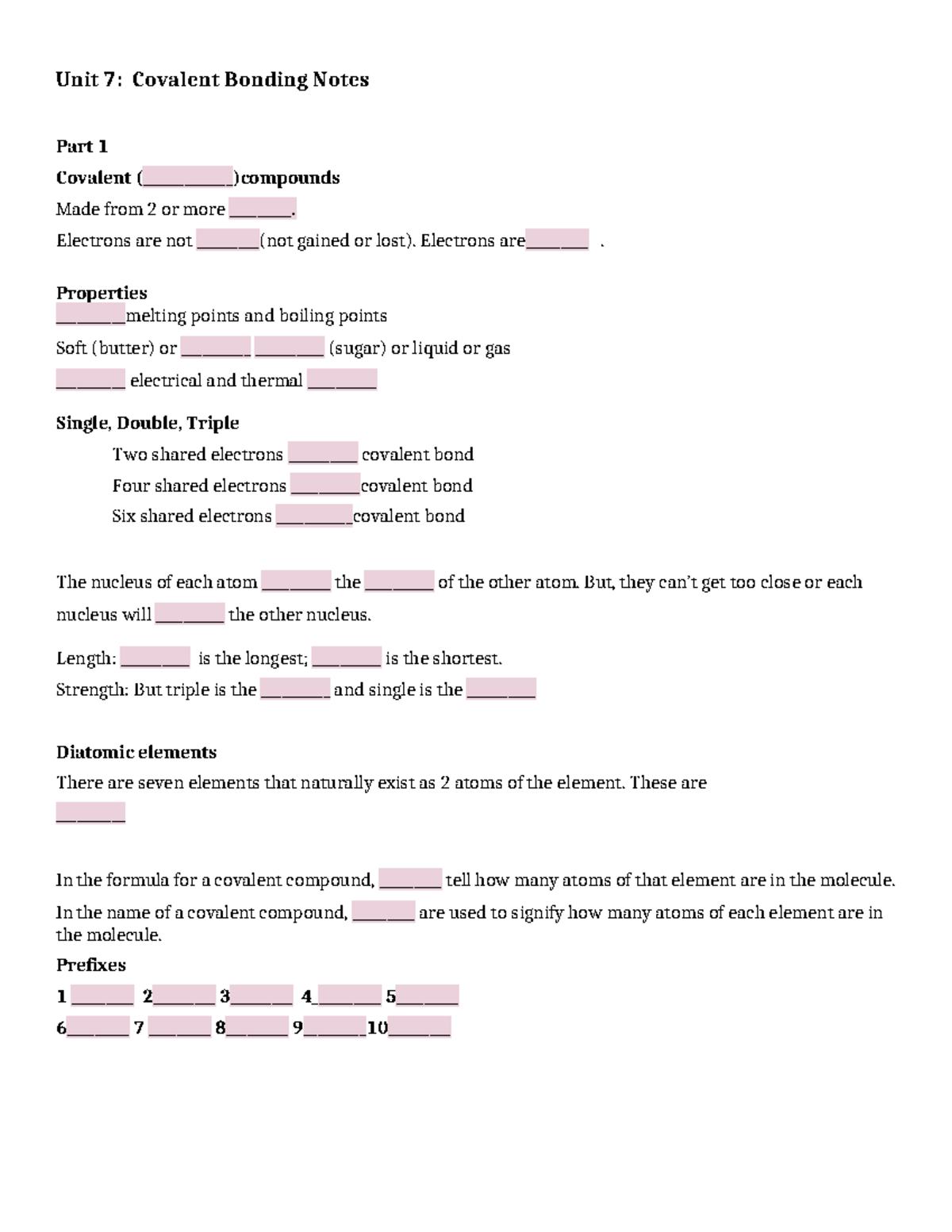 Copy of Notes Covalent Compounds - Unit 7: Covalent Bonding Notes Part ...